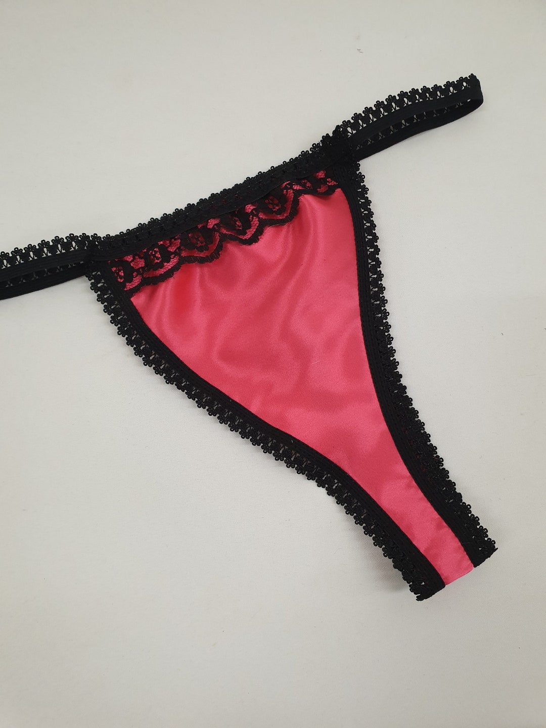 Hot Pink Shiny Satin Thong With Black Lace Trim. Cheeky Skimpy Bottom ...