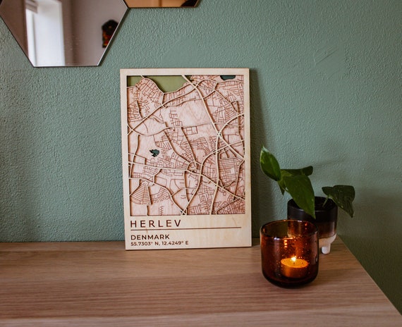 Herlev Map Denmark Map Europe Map Wooden Map Wood Citymap - Etsy