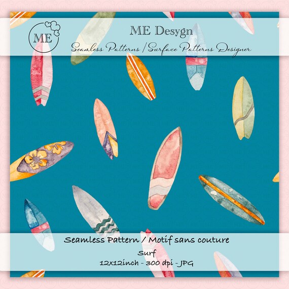 Surf Seamless Pattern Digital INSTANT DOWNLOAD Watercolor Hand - Etsy