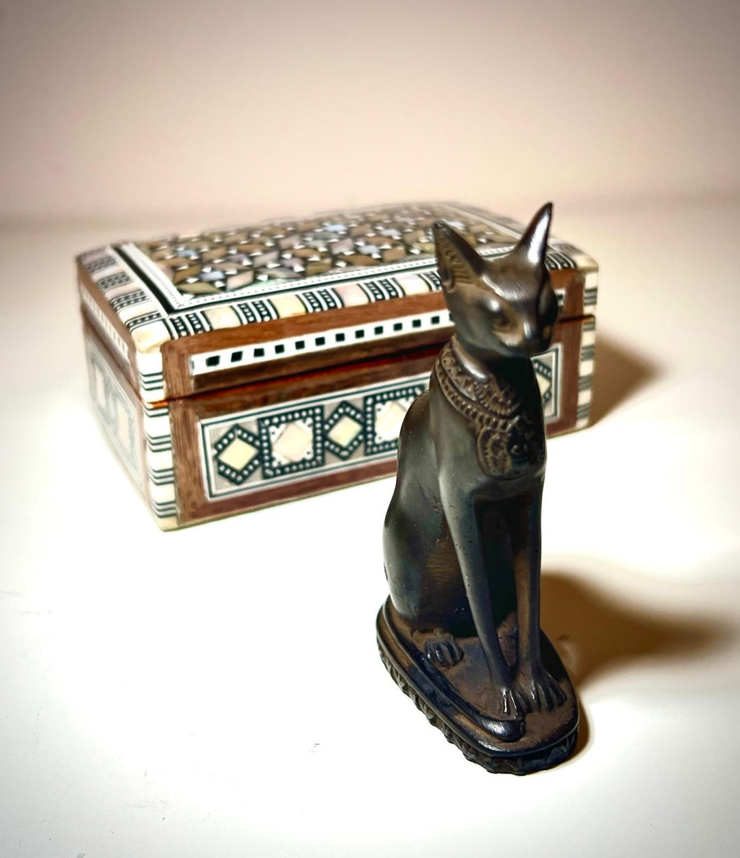Basalt Bastet Cat Statue With Mother of Pearl Box: Egyptian Goddess ...