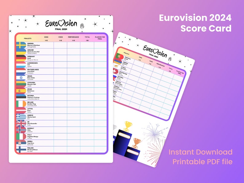 Eurovision Voting Sheet Song Contest 2024 A4 Printable Score Card ...