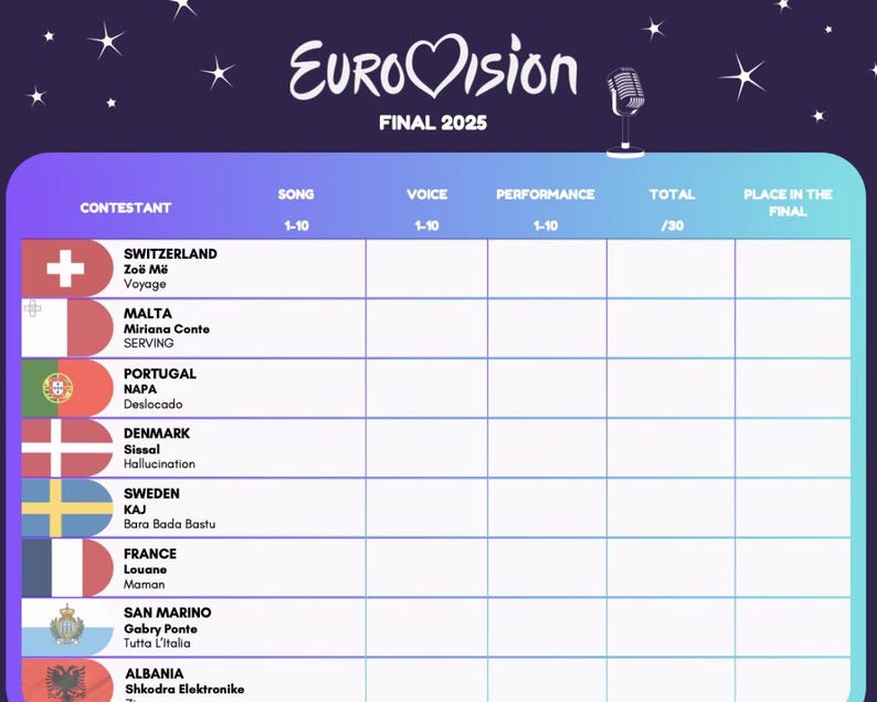 FINALS Eurovision Score Card | Song Contest 2025 | A4 Printable Voting ...