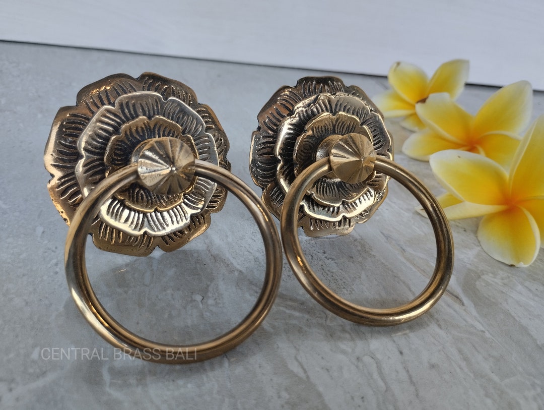 3.00" Solid Brass Sun Flower Ring Pull Knobs | Retro Solid Round ...