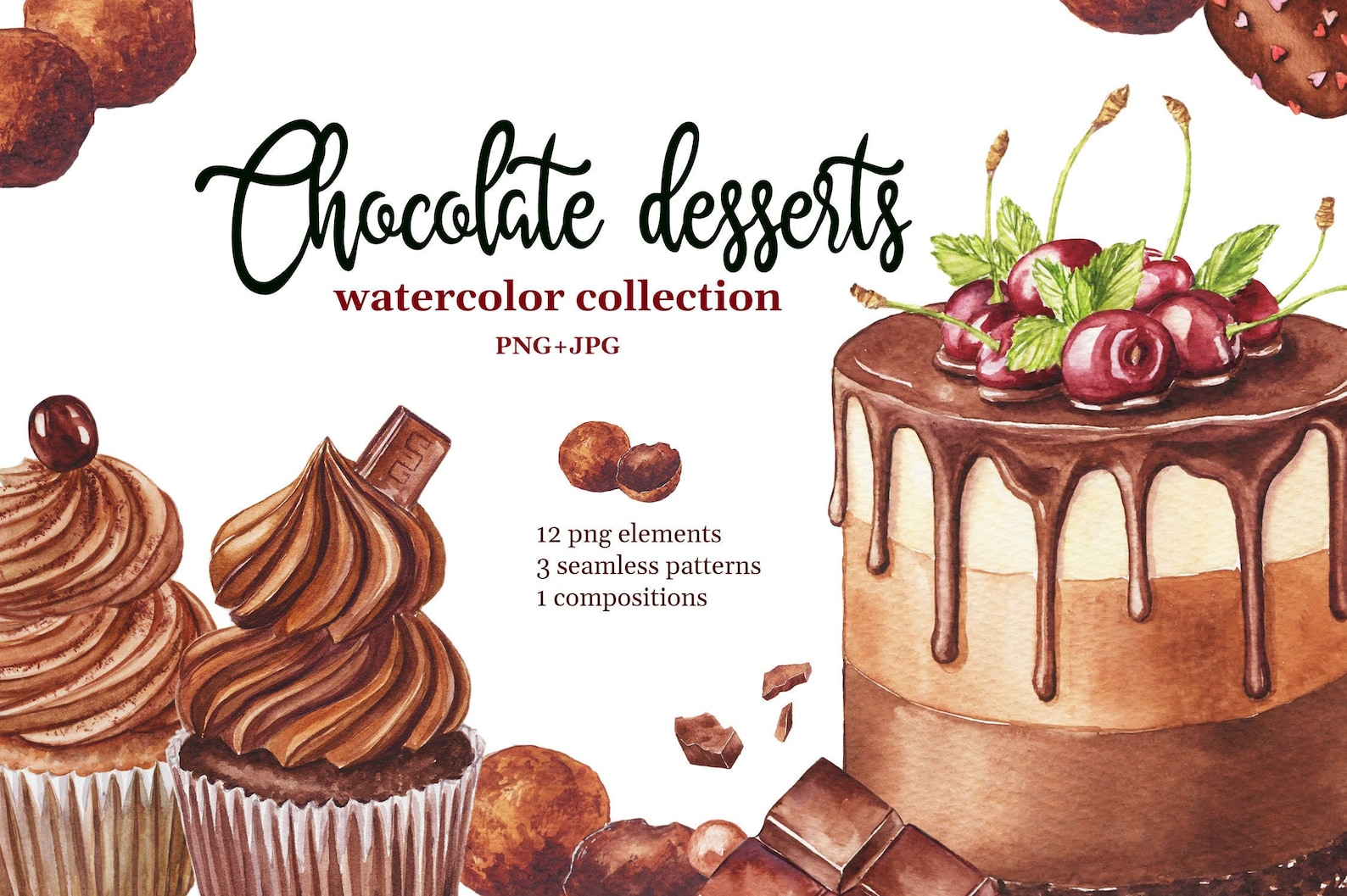 Watercolor Chocolate Cake and Desserts Clipart. Sweets Clipart: Cupcake ...