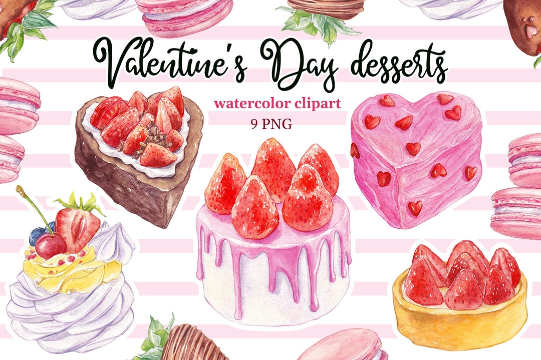 Watercolor Strawberry Dessert Clipart. Valentine's Day Sweets in PNG ...