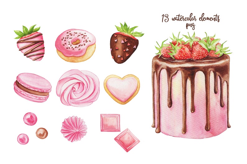 Watercolor Pink Sweets. Strawberry Cake and Desserts Digital Clipart ...