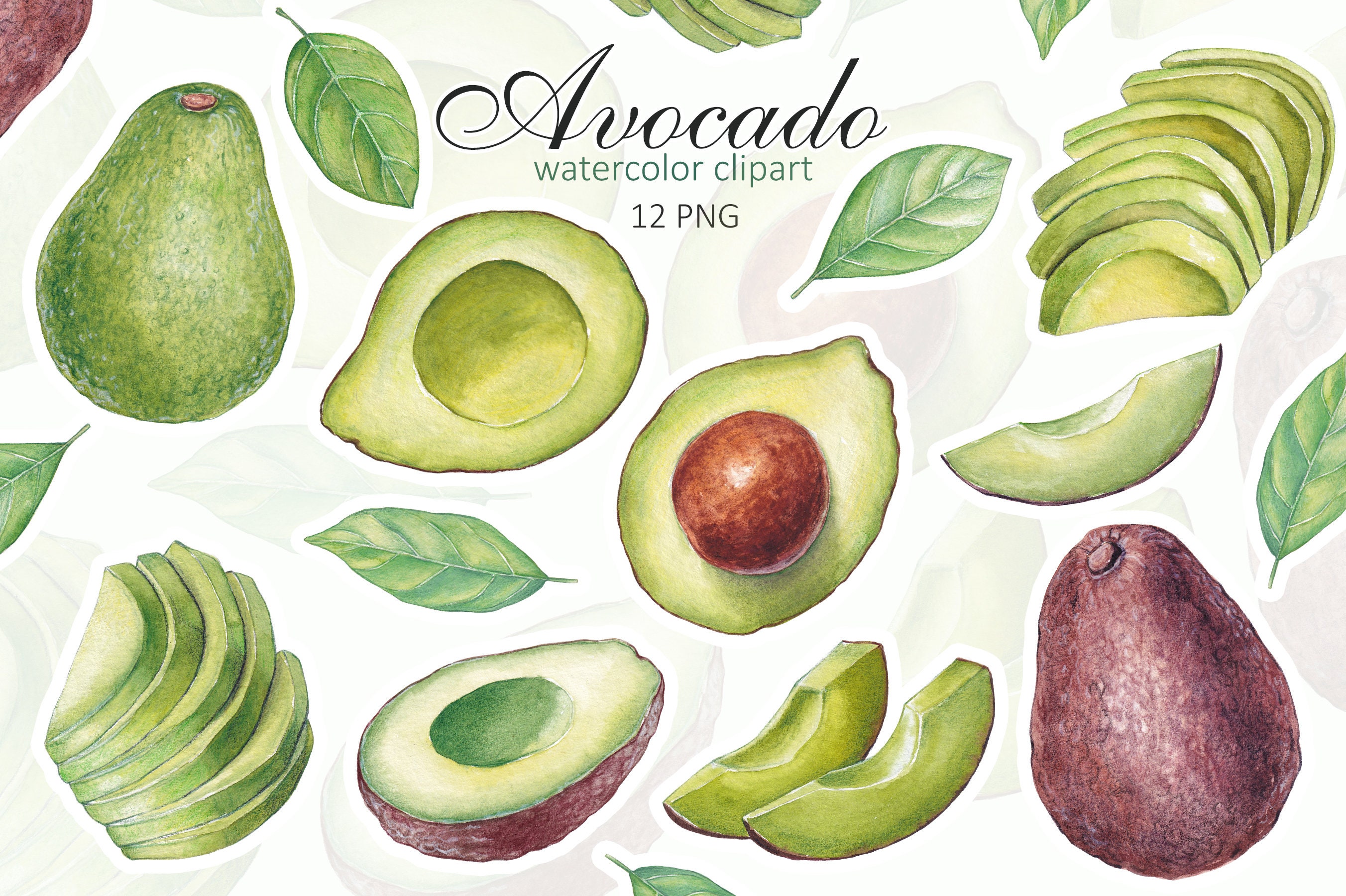 Watercolor Avocado Clipart. Digital Print in PNG - Etsy
