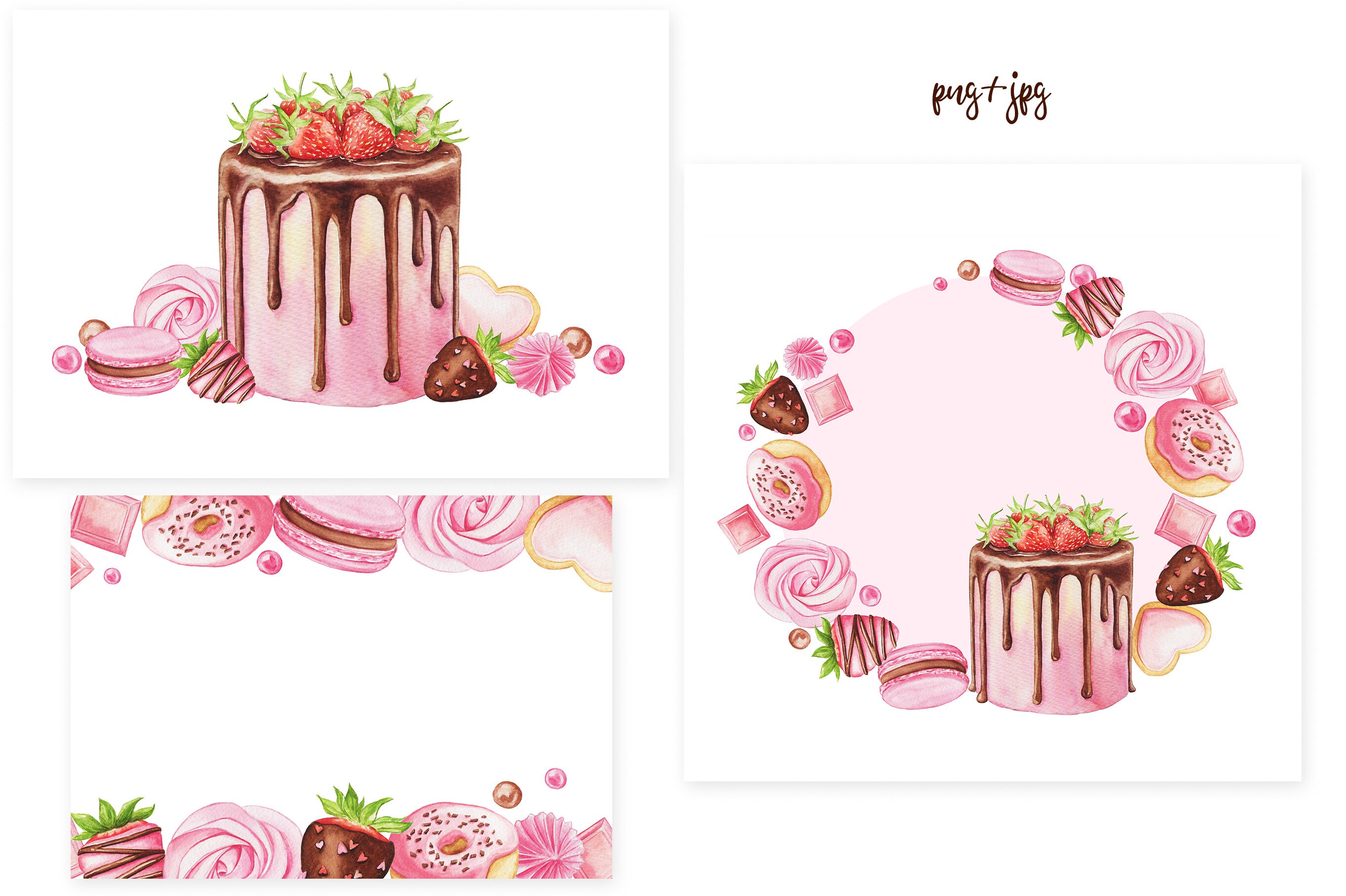 Watercolor Pink Sweets. Strawberry Cake and Desserts Digital Clipart ...