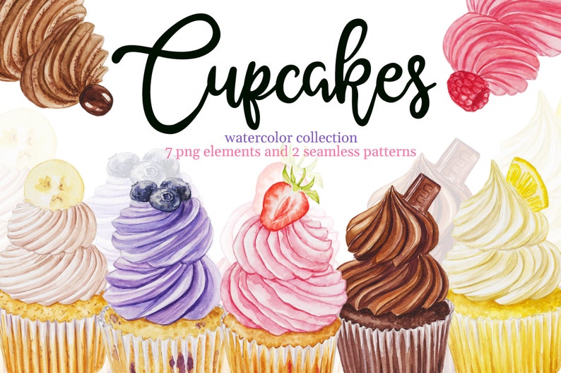 Watercolor Cupcakes Clipart, Digital Food Illustration, Bakery ...