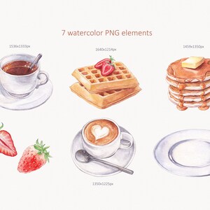 Watercolor Pancakes and Waffles, Cup of Coffee and Tea, Strawberries ...