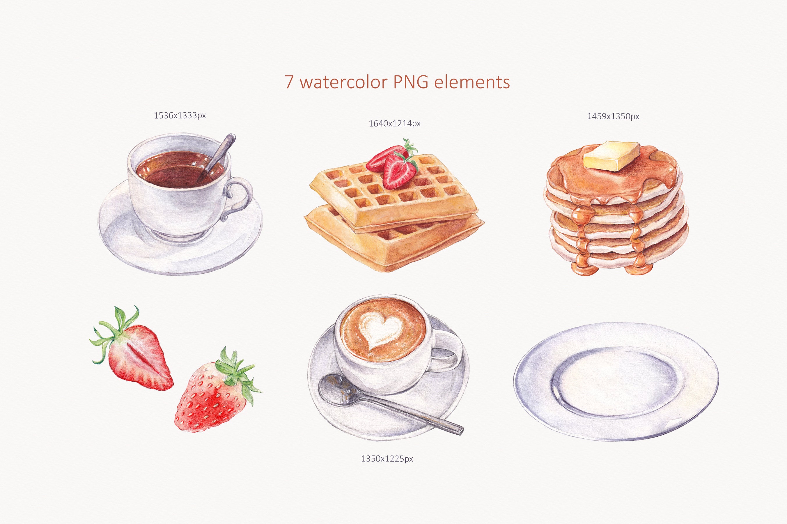 Watercolor Pancakes and Waffles, Cup of Coffee and Tea, Strawberries ...