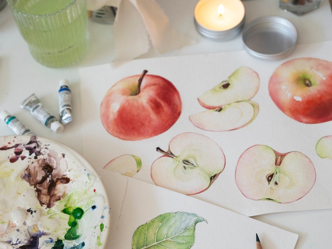 Watercolor Apples and Leaves Clipart, Autumn Fruit PNG, Food ...