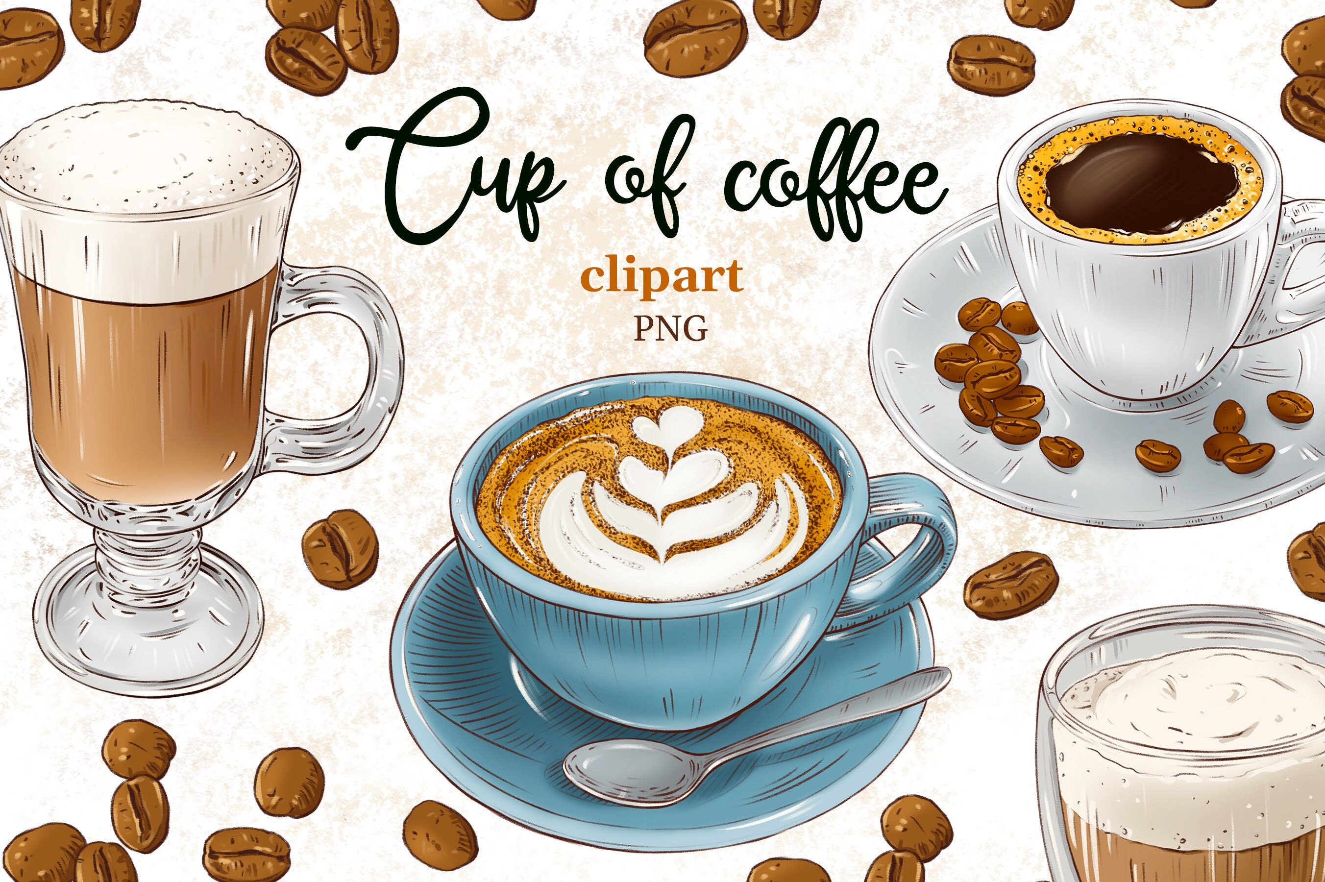 Cup of Coffee Clipart in PNG. Latte, Espresso and Coffee Beans. Food ...