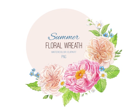 Watercolor floral wreath made of peony roses and wildflowers. | Etsy