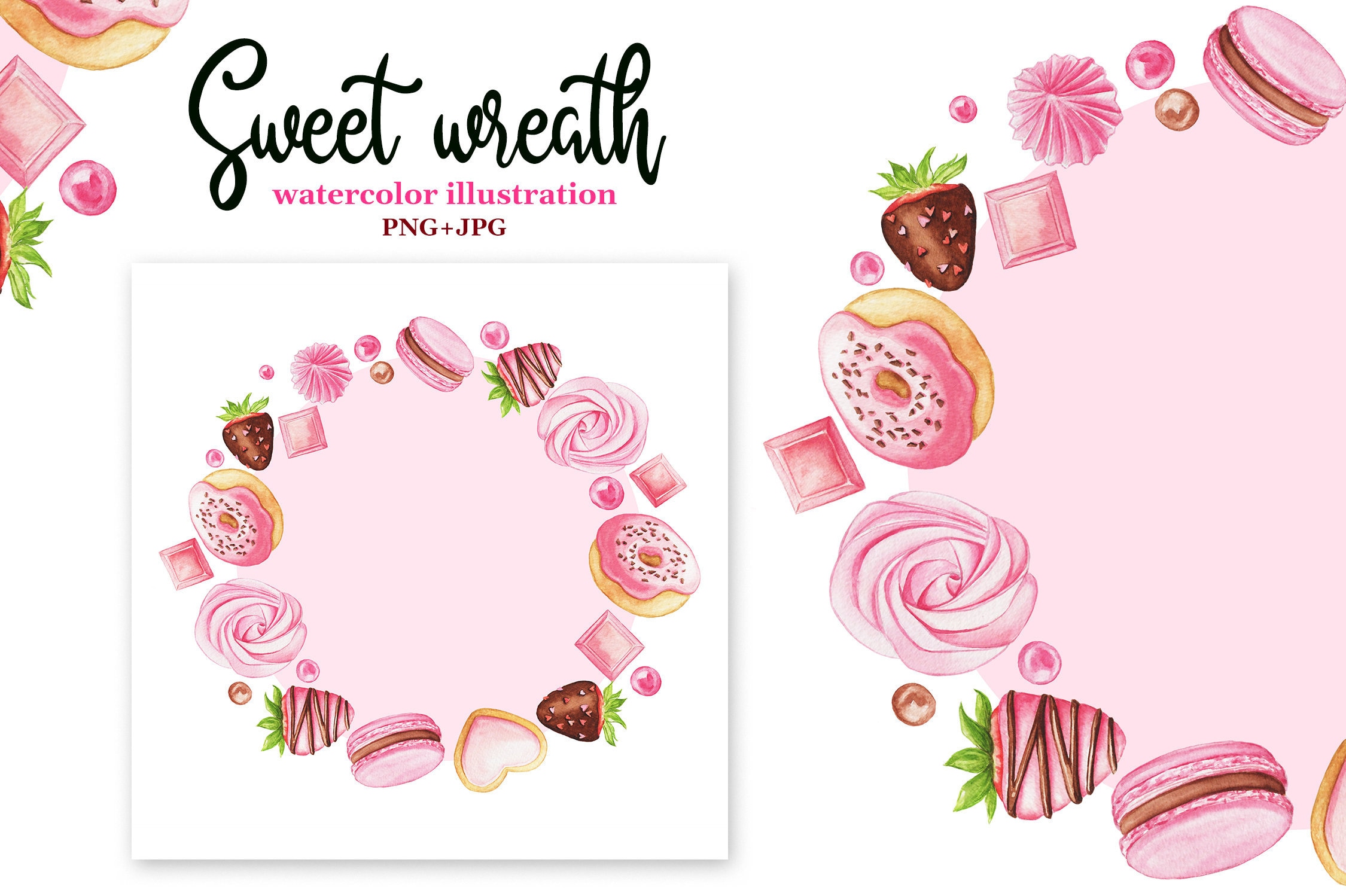 Watercolor Pink Wreath Made of Sweets. Bakery Logo. Dessert Round Frame ...