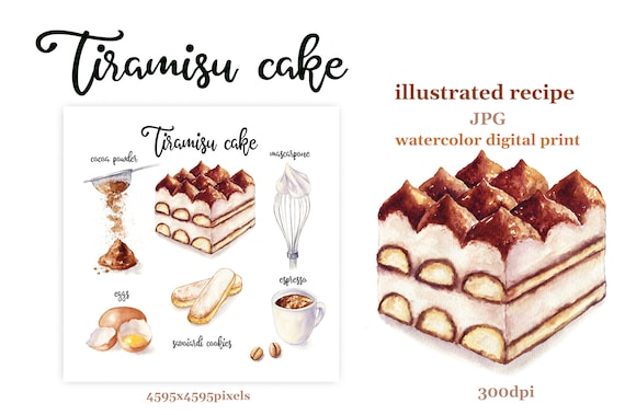 Watercolor Recipe Illustration. Tiramisu Cake Digital Print in | Etsy