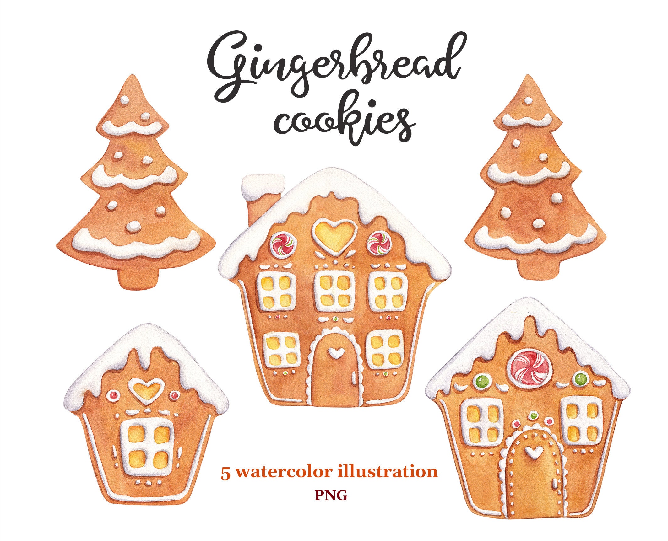 Watercolor Christmas Gingerbread House Cookies in PNG. Food ...
