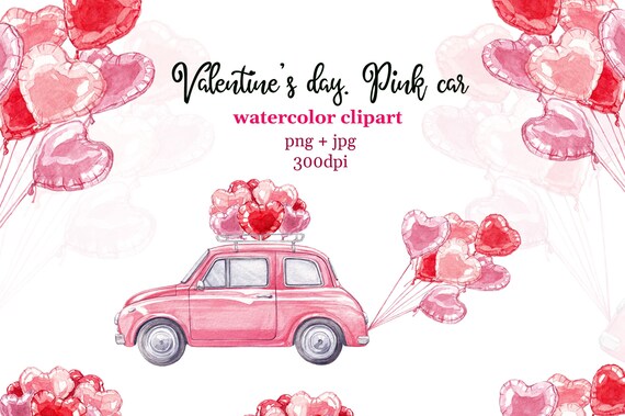 Valentines Day clipart. Watercolor car and heart-shaped | Etsy