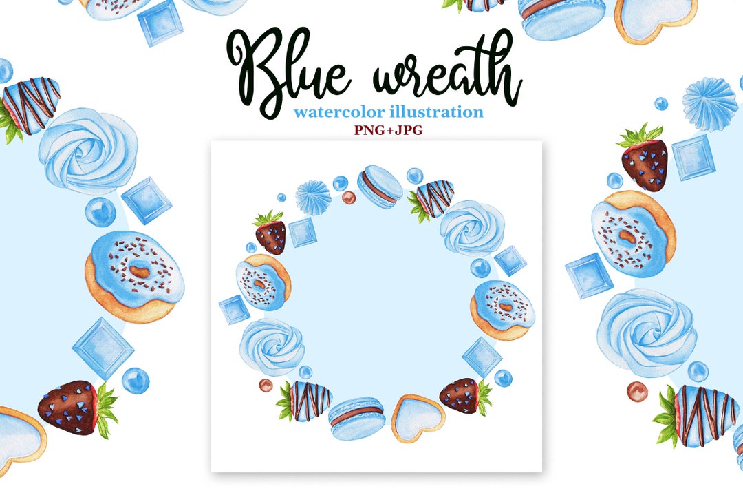 Watercolor Blue Wreath Made of Sweets. Bakery Logo. Dessert Round Frame ...