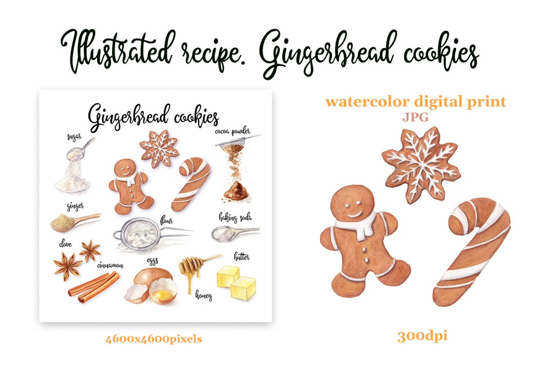 Watercolor Recipe Illustration. Gingerbread Cookies Digital Print ...