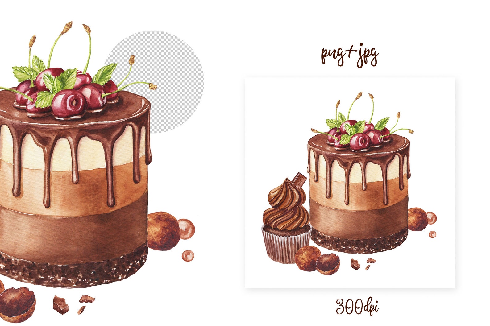 Watercolor Chocolate Cake and Desserts Clipart. Sweets Clipart: Cupcake ...