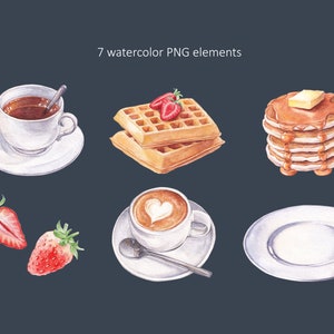 Watercolor Pancakes and Waffles, Cup of Coffee and Tea, Strawberries ...