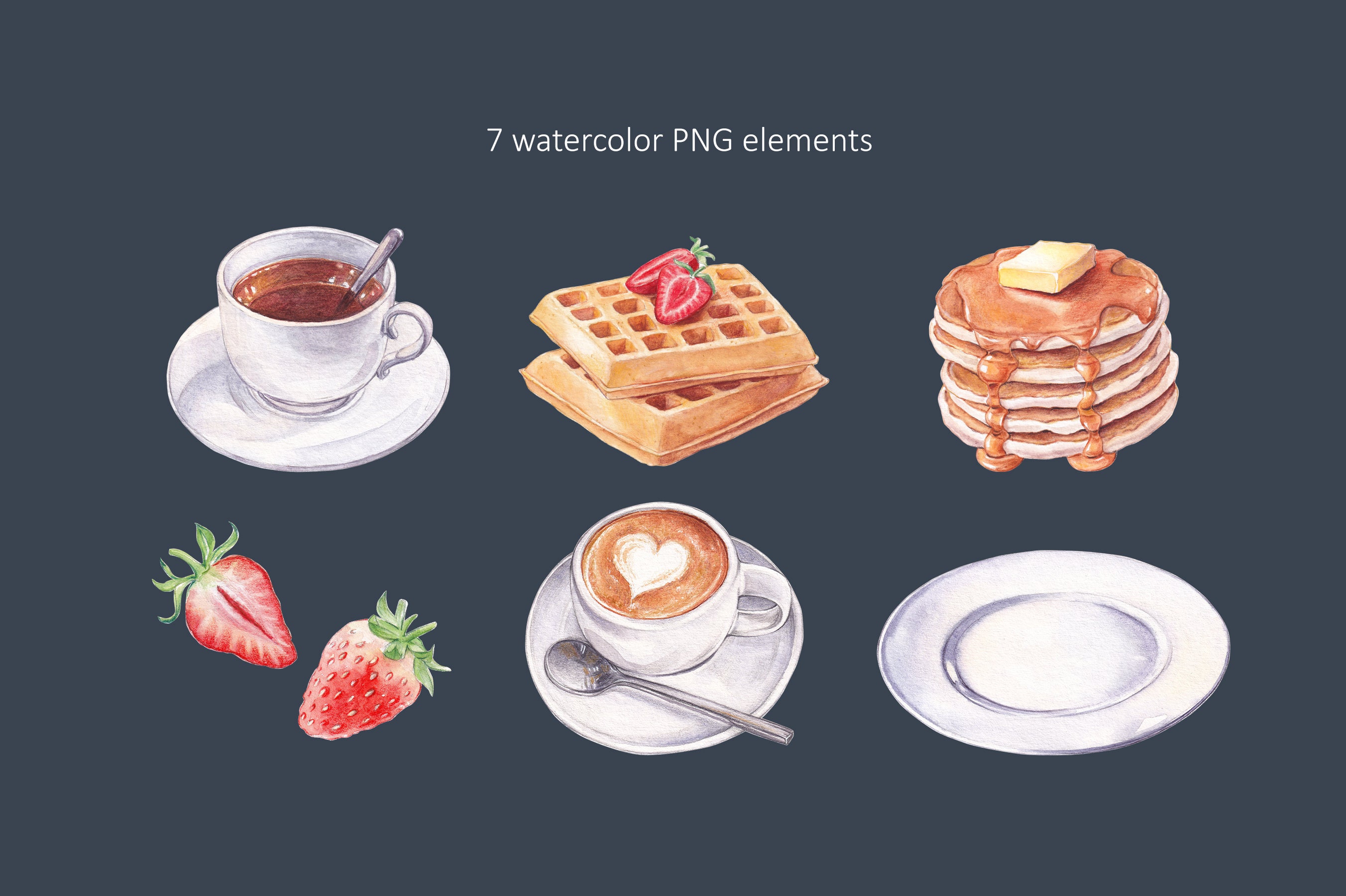 Watercolor Pancakes and Waffles, Cup of Coffee and Tea, Strawberries ...