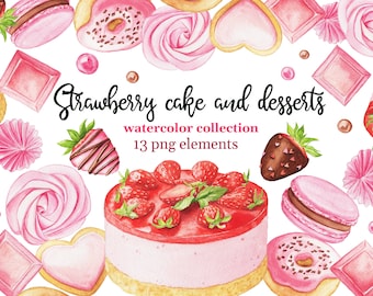 Watercolor Pink Sweets. Strawberry Cake and Desserts Digital | Etsy