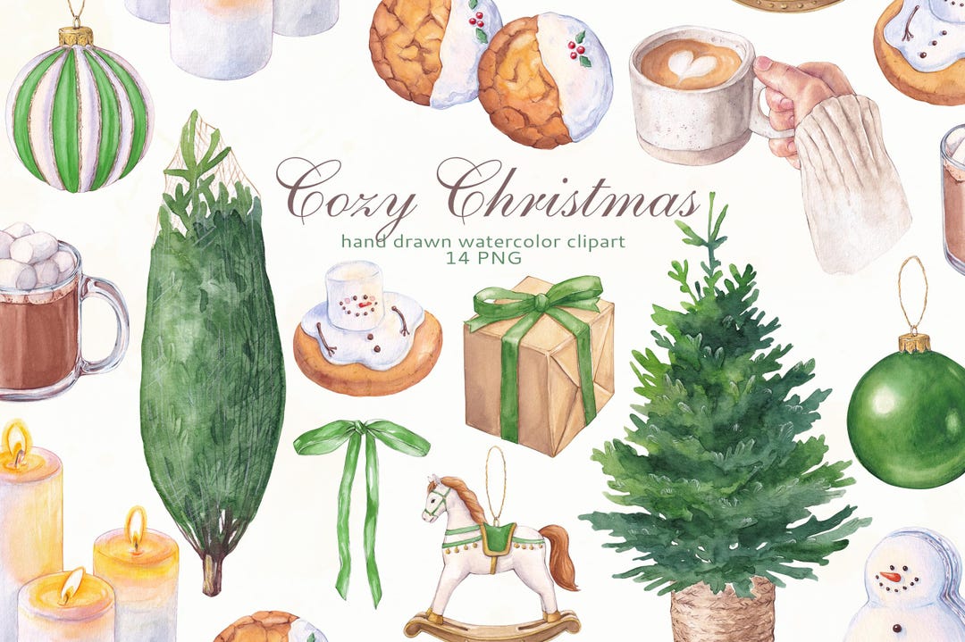 Watercolor Cozy Christmas Clipart in PNG. Christmas Tree. New Year ...