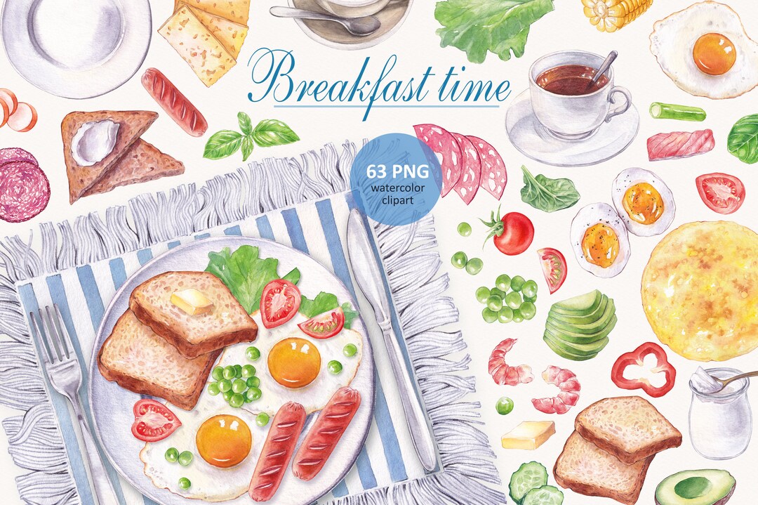 Watercolor Breakfast Clipart, Food Drink Avocado Eggs Coffee Tea ...