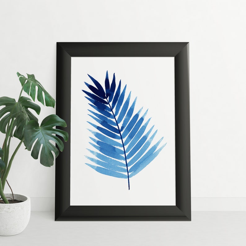 Blue Palm Leaf Watercolor Print Tropical Blue Palm Poster - Etsy