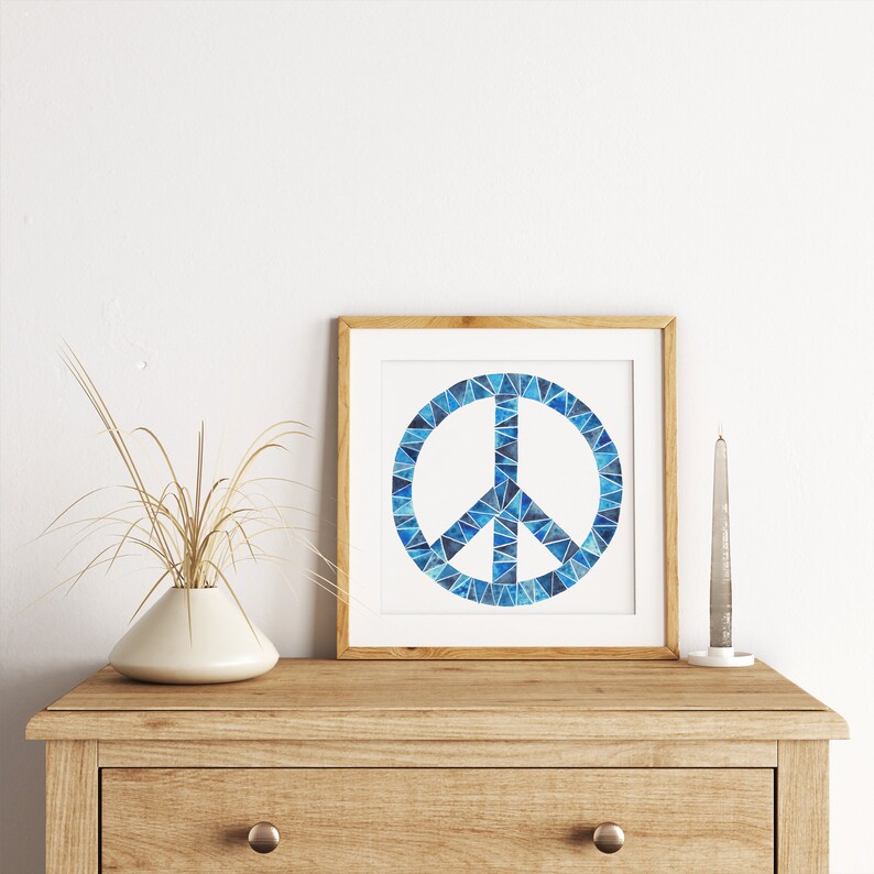 Blue Geometric Peace Sign Watercolor Art Print - Etsy