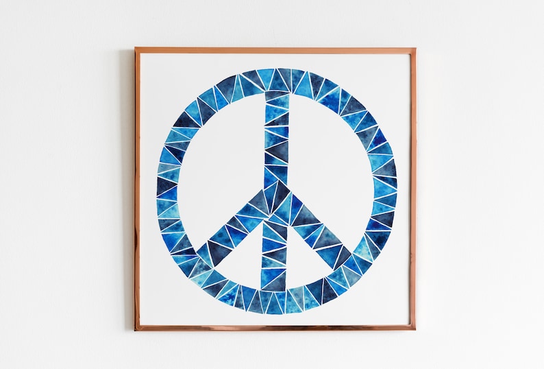 Blue Geometric Peace Sign Watercolor Art Print - Etsy