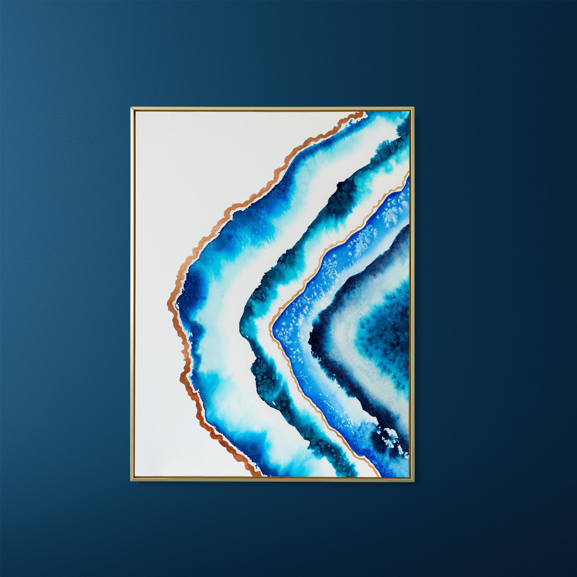Blue Agate Watercolor Print, Gold Trim, Teal Agate Print - Etsy