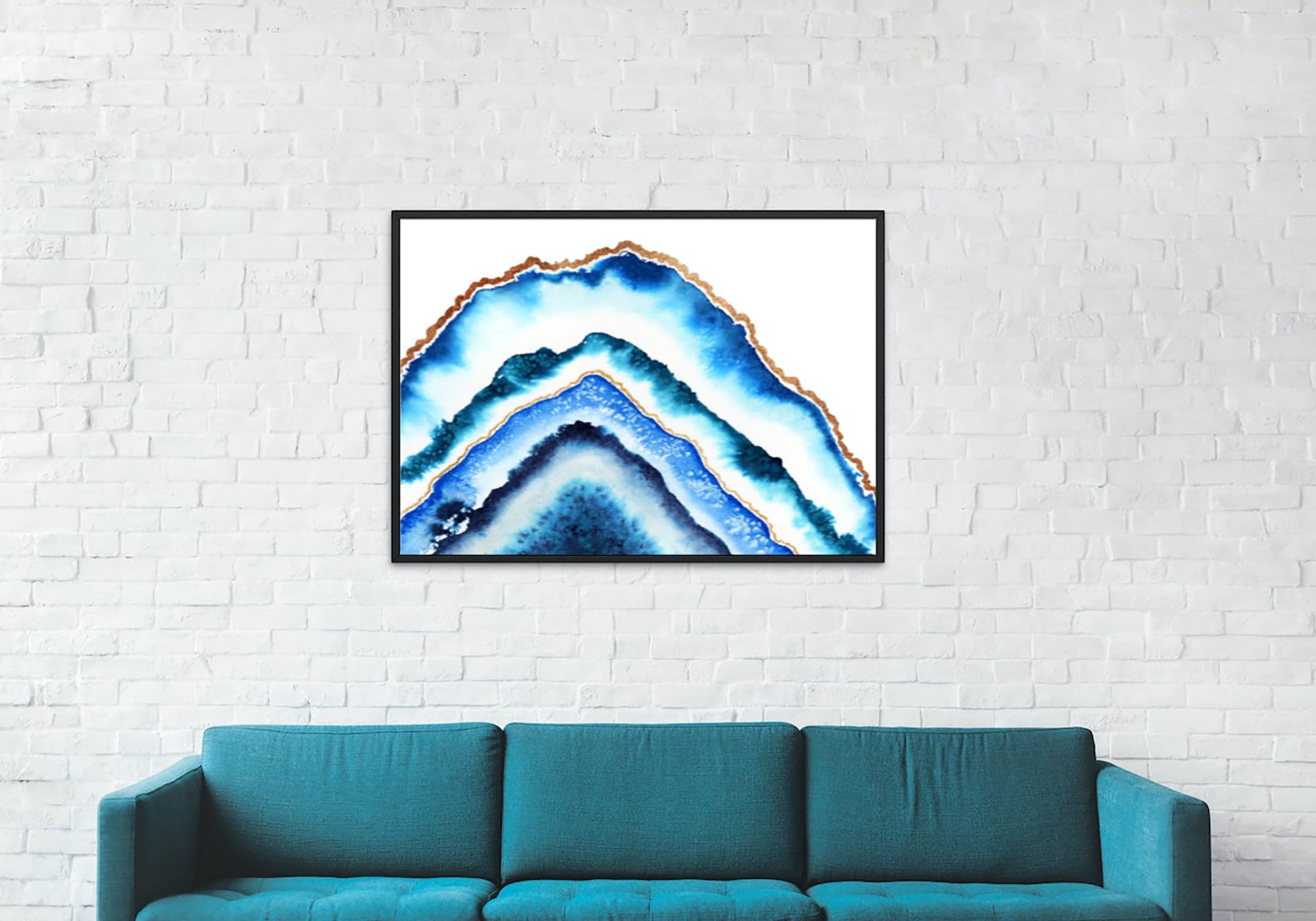 Blue Agate Watercolor Print, Gold Trim, Teal Agate Print - Etsy