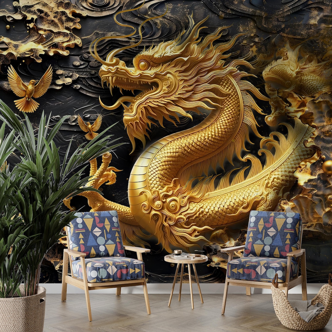 Dark & Gold Dragon Mural 3D Chinese Fantasy Art Mythical Peel and Stick ...