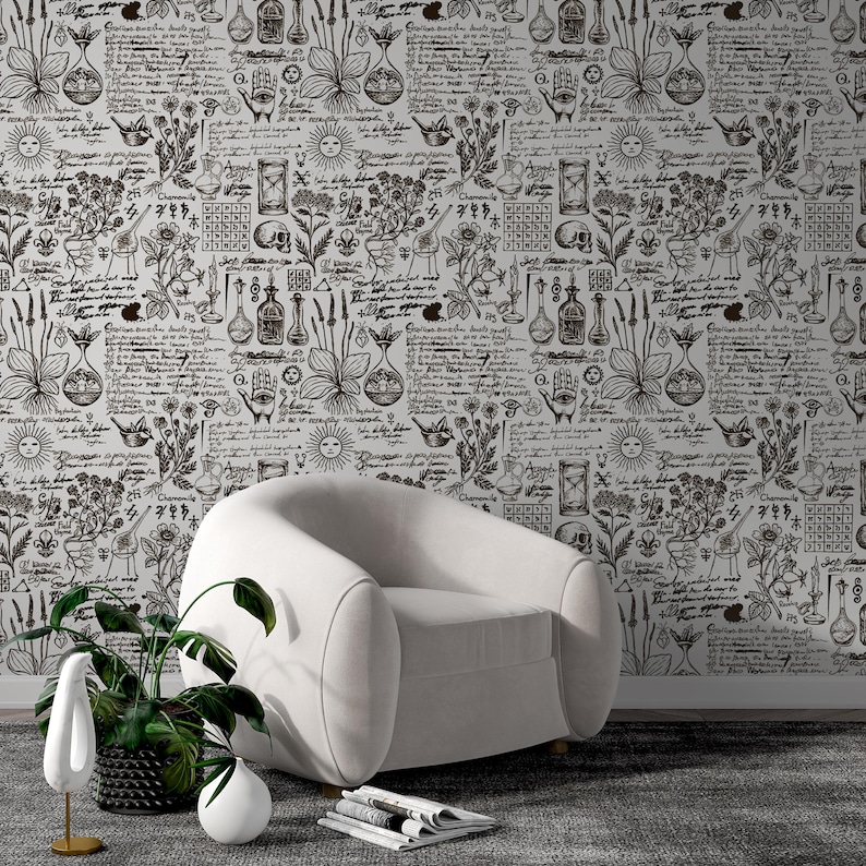 Vintage Alchemy Botanical Wallpaper Pattern Herbal Sketches and Witch ...
