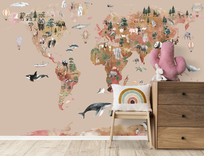 Nursery World Map Wallpaper Kids Print Peel and Stick Nursery Brown ...