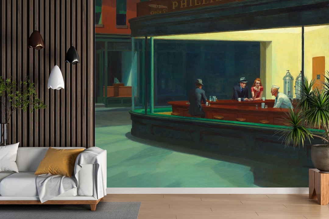 Edward Hopper Mural Wallpaper Vintage Night Diner Scene Iconic American ...