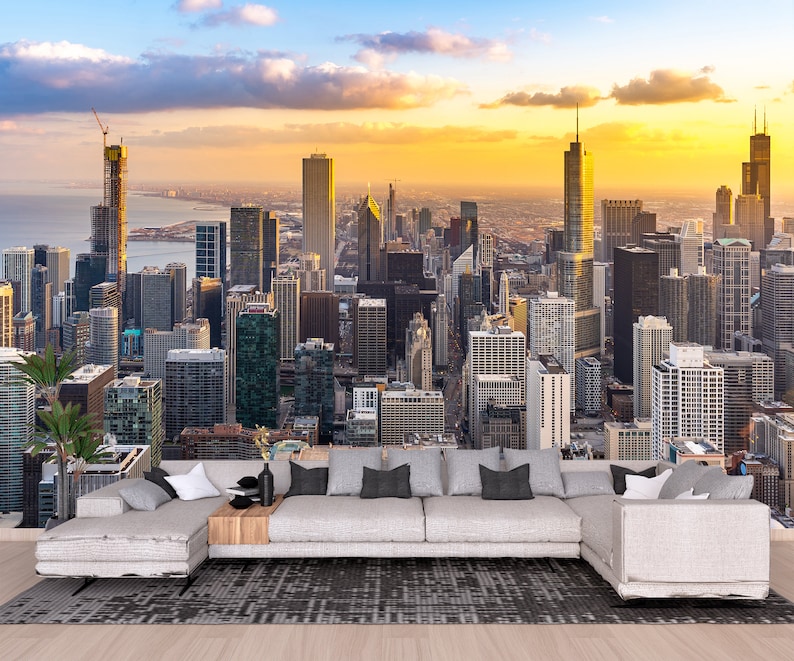 Chicago City Skyline Wall Mural Peel and Stick Wallpaper Print - Etsy