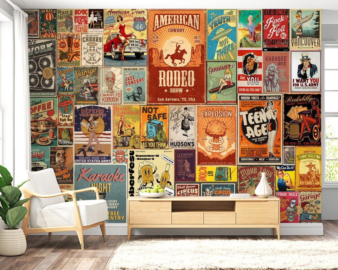 Vintage Poster Collage Wallpaper Retro 50s-80s Wall Mural for Living ...