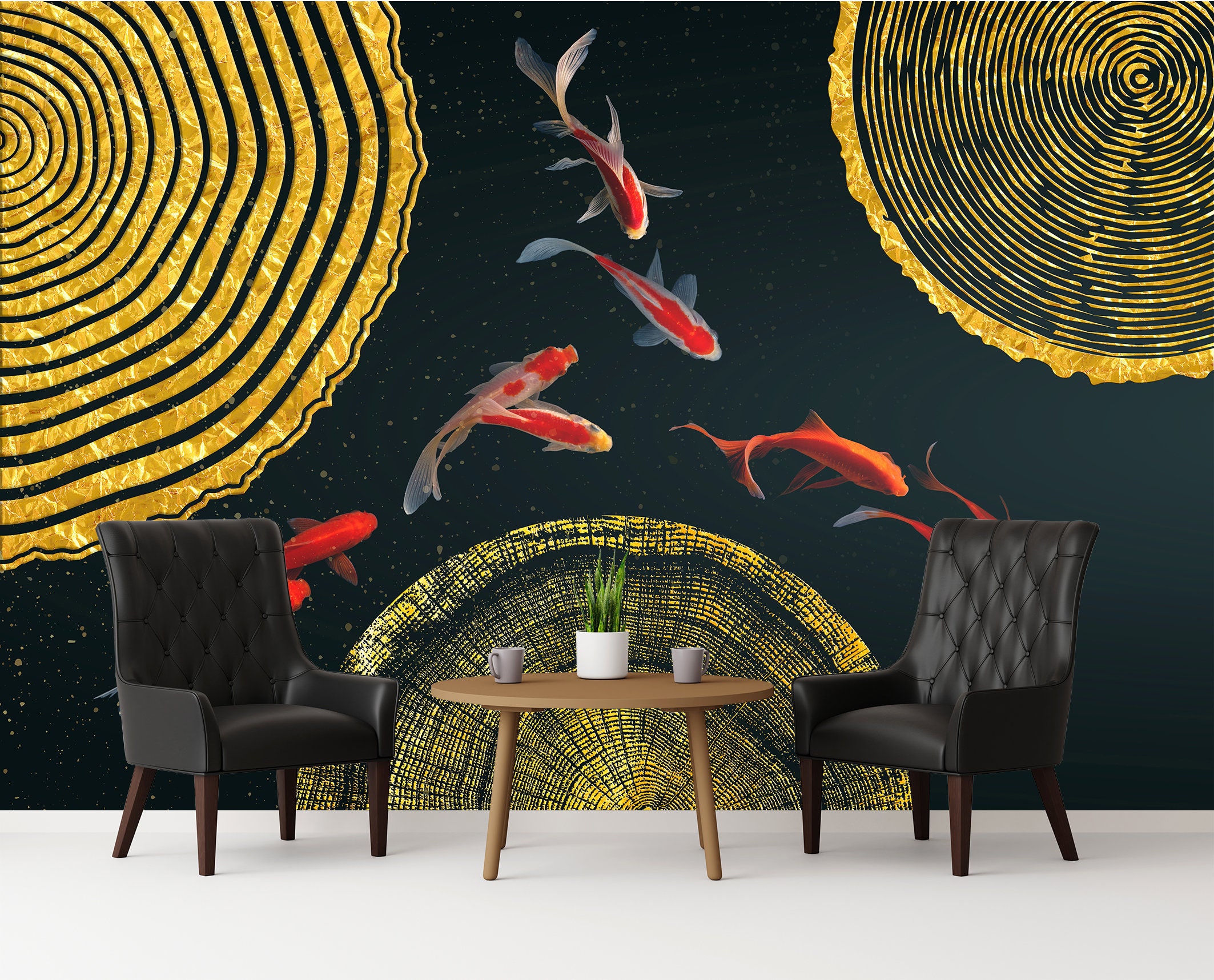 Japanese Style Wall Mural Koi Fish Wallpaper Print Peel and Stick Wood ...