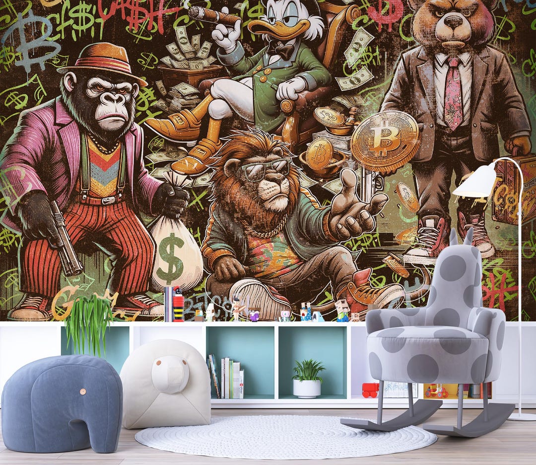 Vintage Graffiti Animals Wallpaper Dollars Bitcoins Wall Mural Retro ...