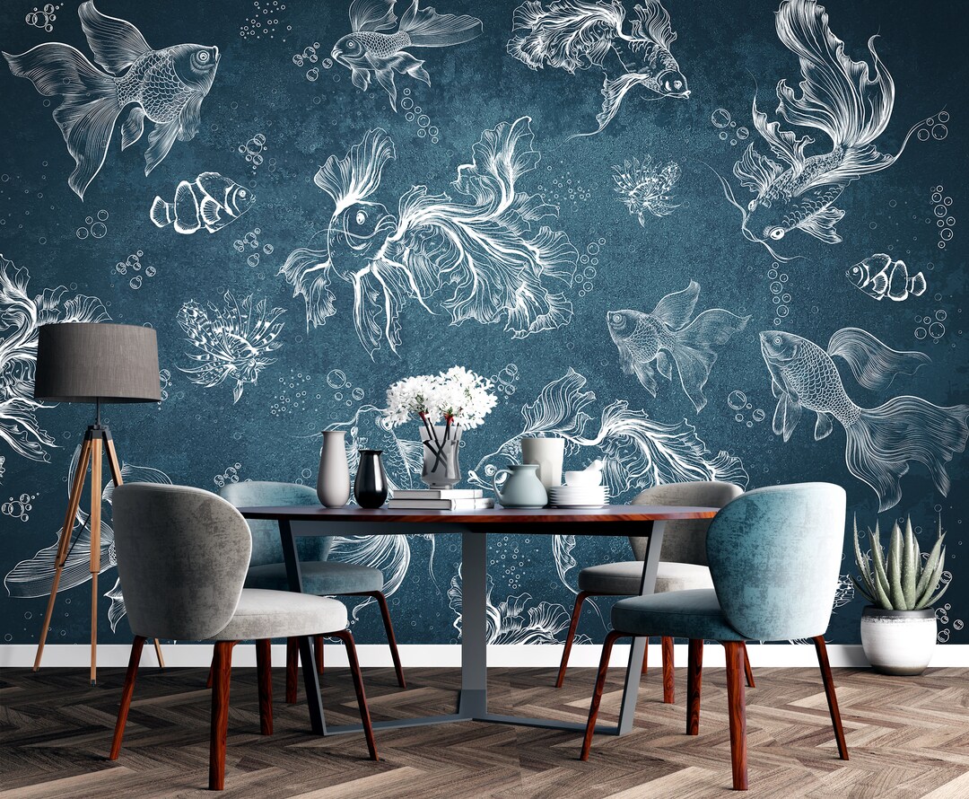 Drawn Fish Wallpaper Peel and Stick Dark Marine Blue Sea Animal ...