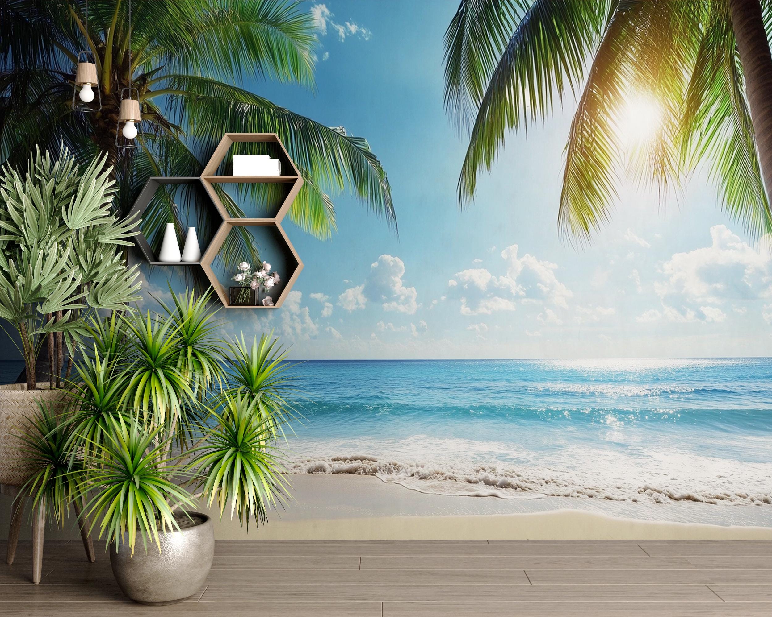Tropical Beach Wallpaper Ocean View Wall Mural Palm Trees Blue Sea ...