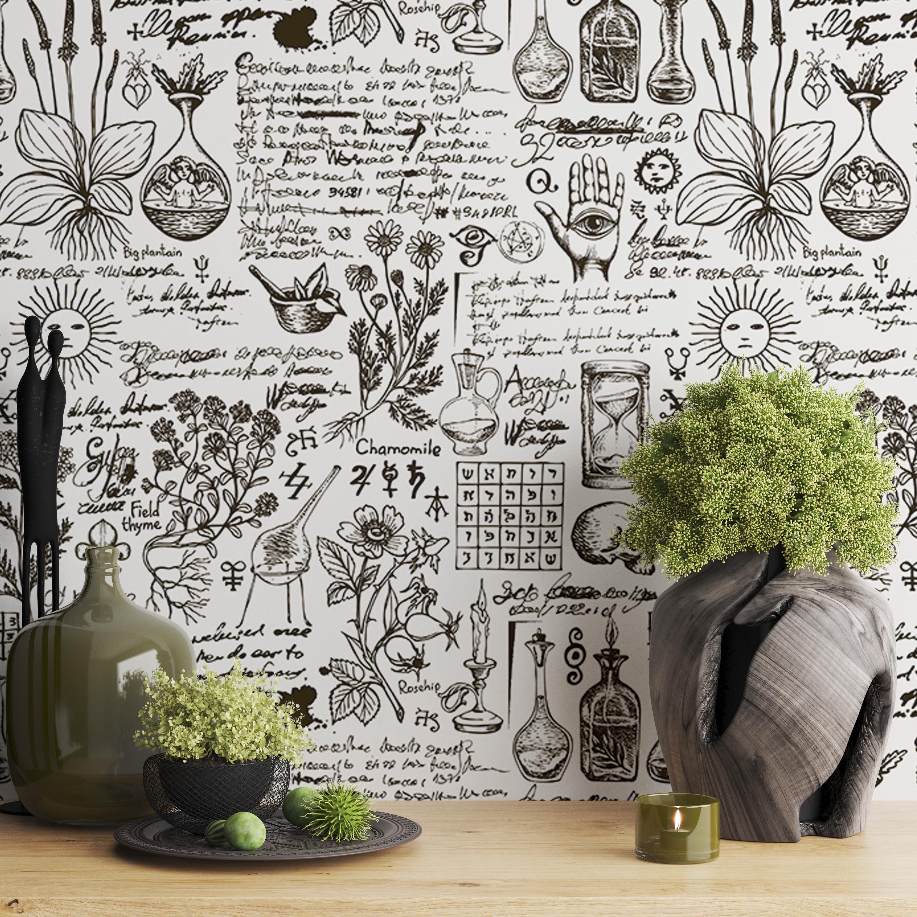 Vintage Alchemy Botanical Wallpaper Pattern Herbal Sketches and Witch ...