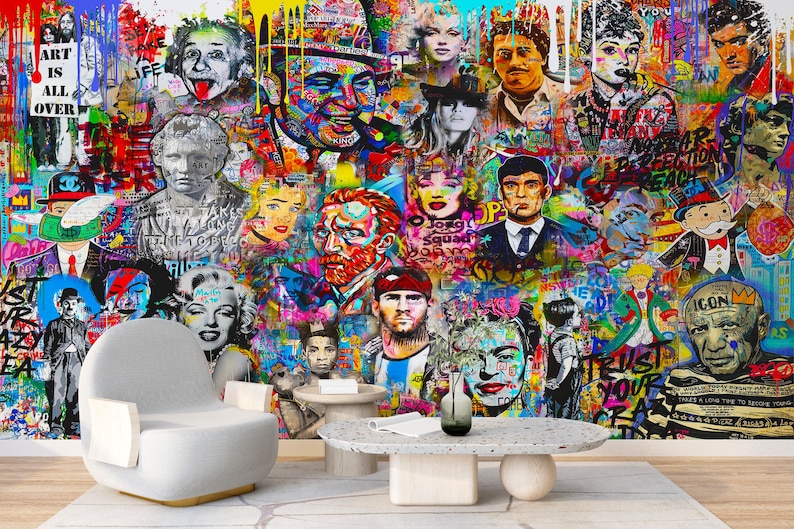 Pop Art Graffiti Wall Mural Colorful Urban Wallpaper Famous Characters ...