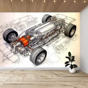 Automotive Blueprint Wallpaper Art Car Engine Sketch Drawn by Engineer ...