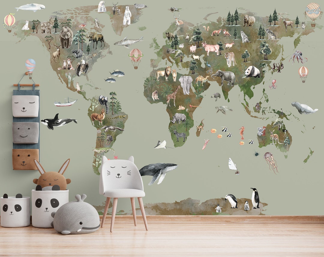Nursery World Map Mural Baby Room Green Wallpaper Kids Print Peel and ...