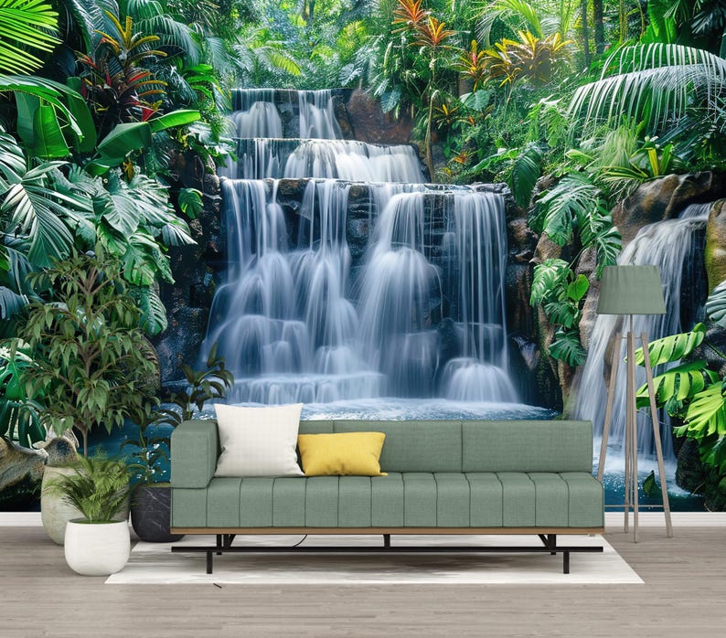 Tropical Waterfall Vinyl Mural Wallpaper Peel and Stick Jungle Nature ...